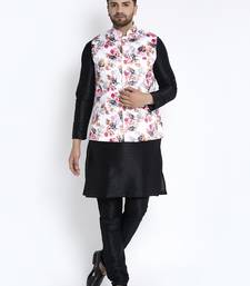 Benstoke Men's Silk Blend Black Kurta With Pyjama & White Printed Nehru ...