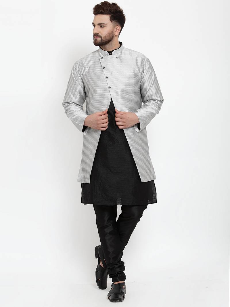 Benstoke Men's Black Kurta With Pyjama & Grey Self Design Jacket ...