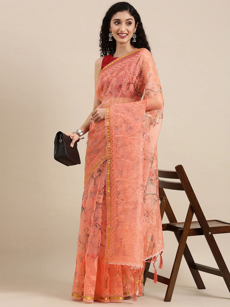 VASTRANAND Peach-Coloured Ethnic Motifs Chikankari Organza Saree ...