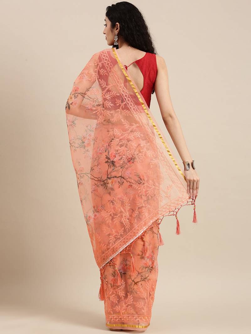 VASTRANAND Peach-Coloured Ethnic Motifs Chikankari Organza Saree ...
