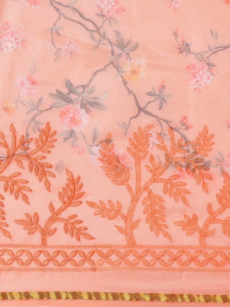 VASTRANAND Peach-Coloured Ethnic Motifs Chikankari Organza Saree ...