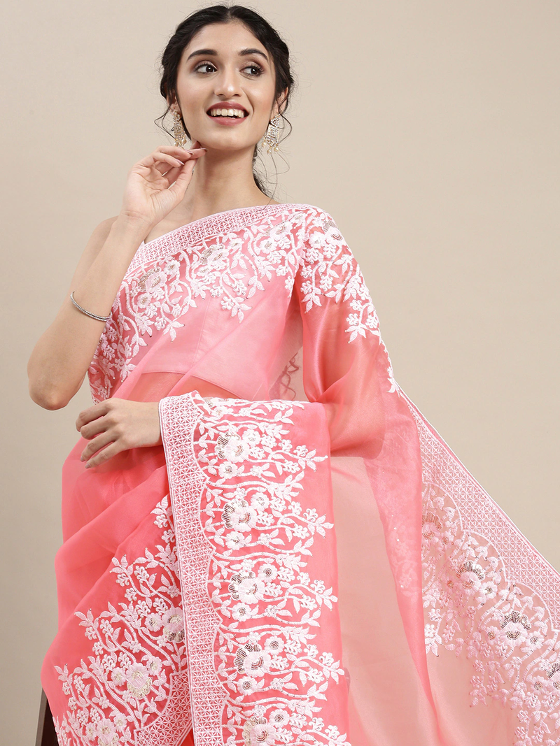 VASTRANAND Peach-Coloured & Off White Embroidered Organza Saree ...