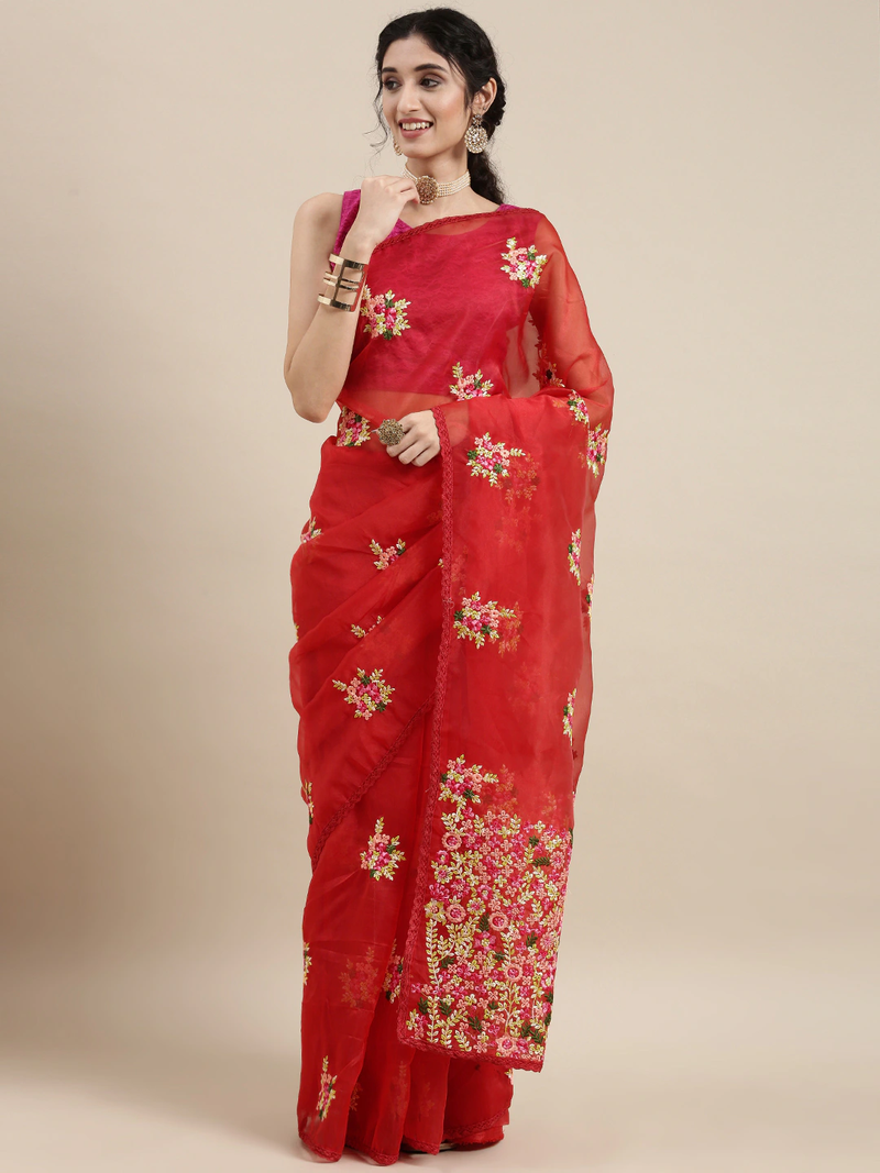 VASTRANAND Red printed Embroidered Organza Saree - VASTRANAND - 3922709