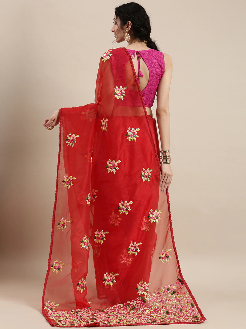 VASTRANAND Red printed Embroidered Organza Saree - VASTRANAND - 3922709