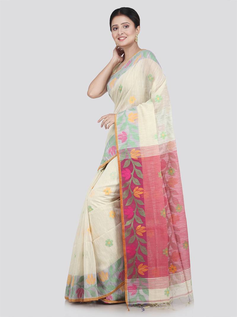 PinkLoom Women's Beige Hand_Woven Cotton_Silk Saree With Blouse - Adele - 3923794