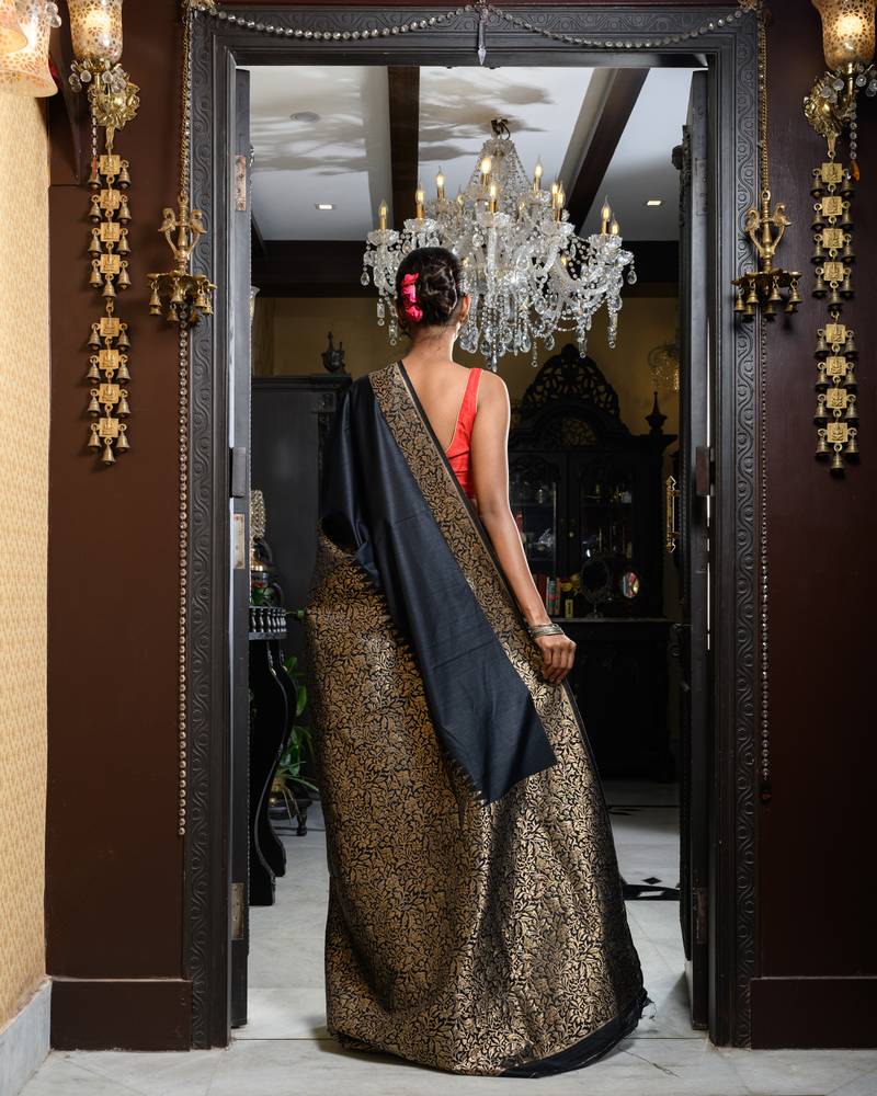 Black Zari Woven Brocade Silk Saree - CHARUPAMA - 3924674