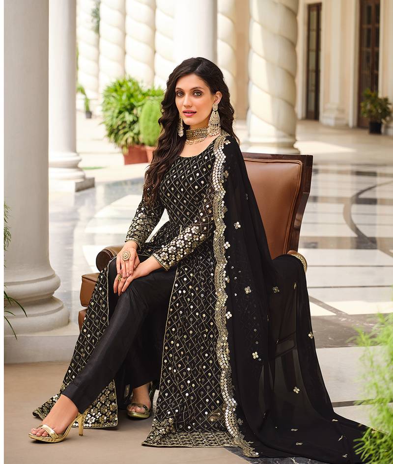 Dark-brown sequins georgette salwar - Monjolika - 3929253