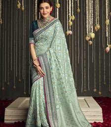 Light green embroidered pure silk saree with blouse - MESMORE - 3934608