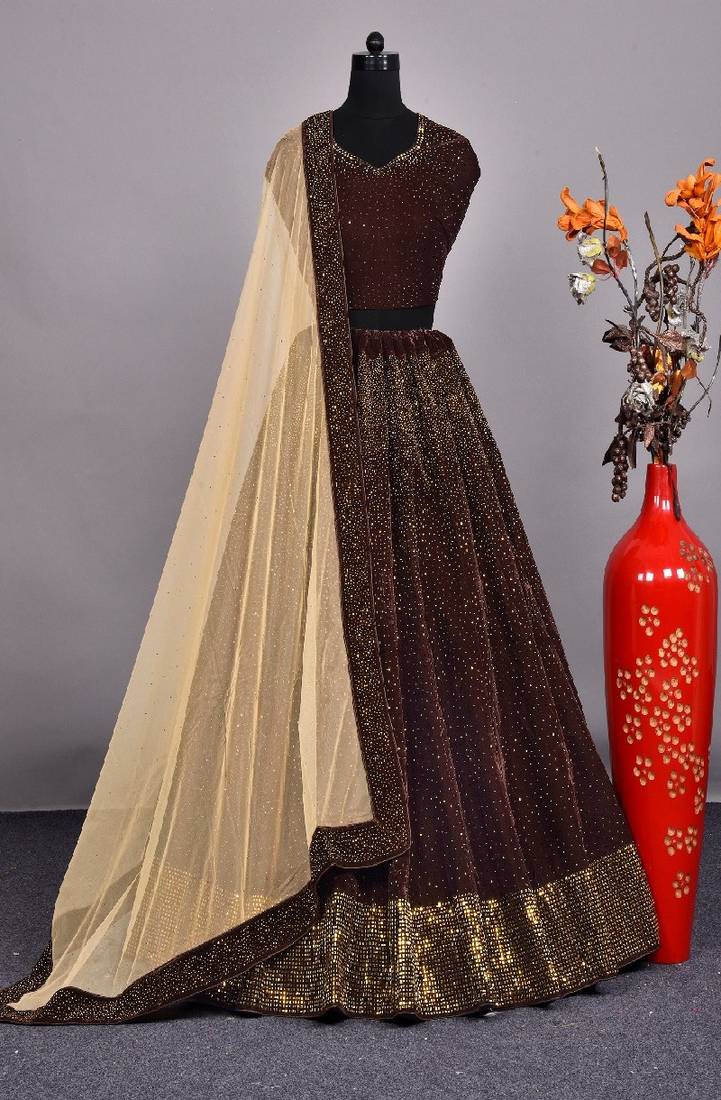 Coffee Brown Swarovski Worked Lycra Wedding Wear Lehenga Choli ...