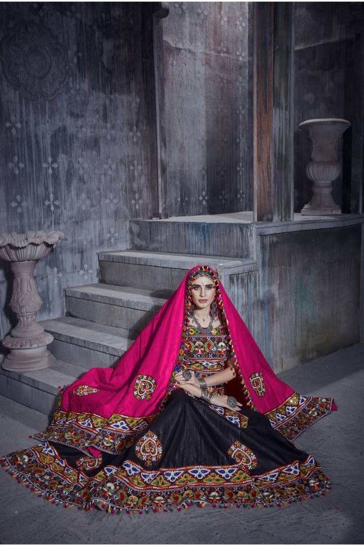 Black or Pink Multi Embroidered Real Mirror Silk Ghagra Choli ...