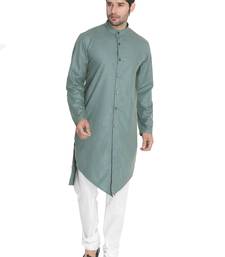 Green woven blended cotton kurta-pajama - VASTRAMAY - 3935456