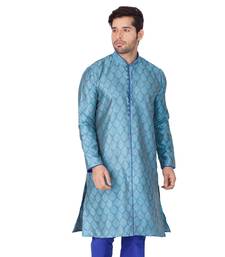 Blue embroidered silk blend men-kurtas - VASTRAMAY - 3935487