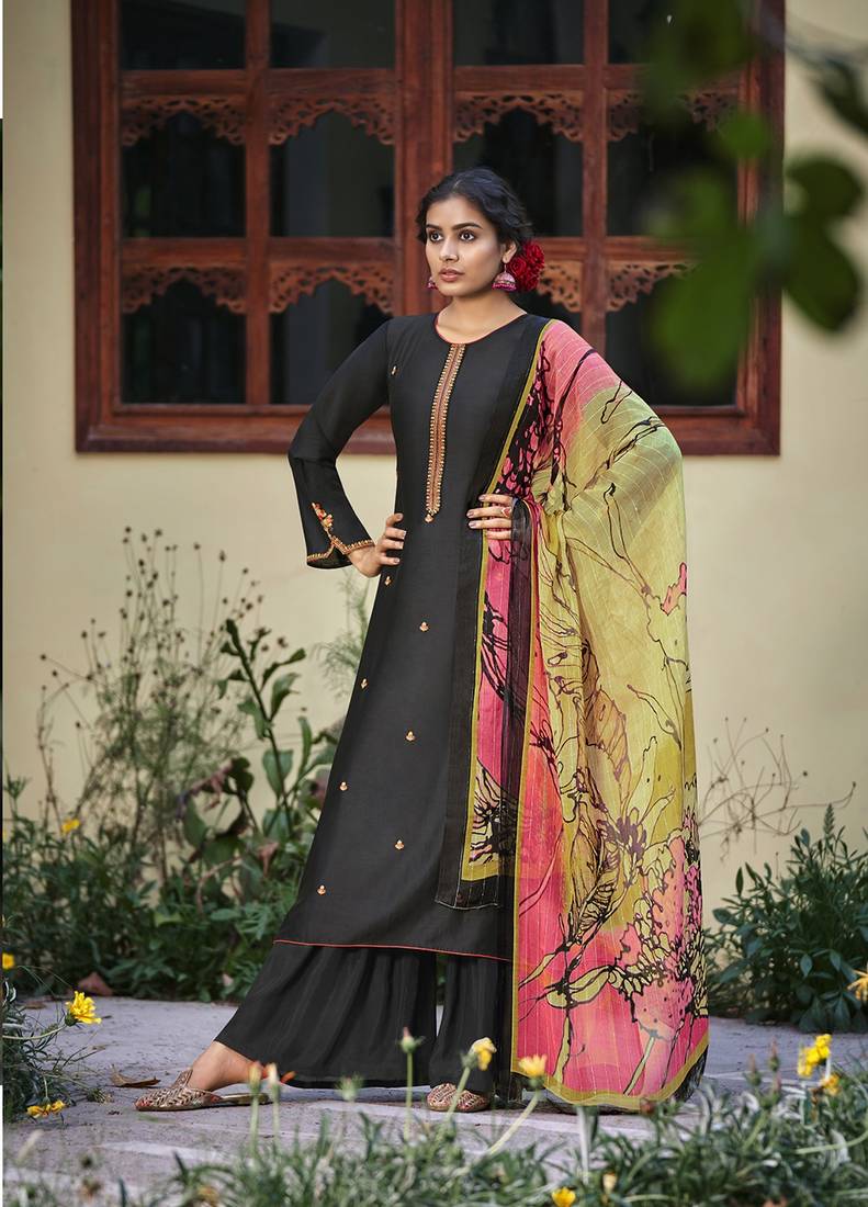 Black Designer Embroidery Work,Wevon,Digital Printed Silk unstitched ...