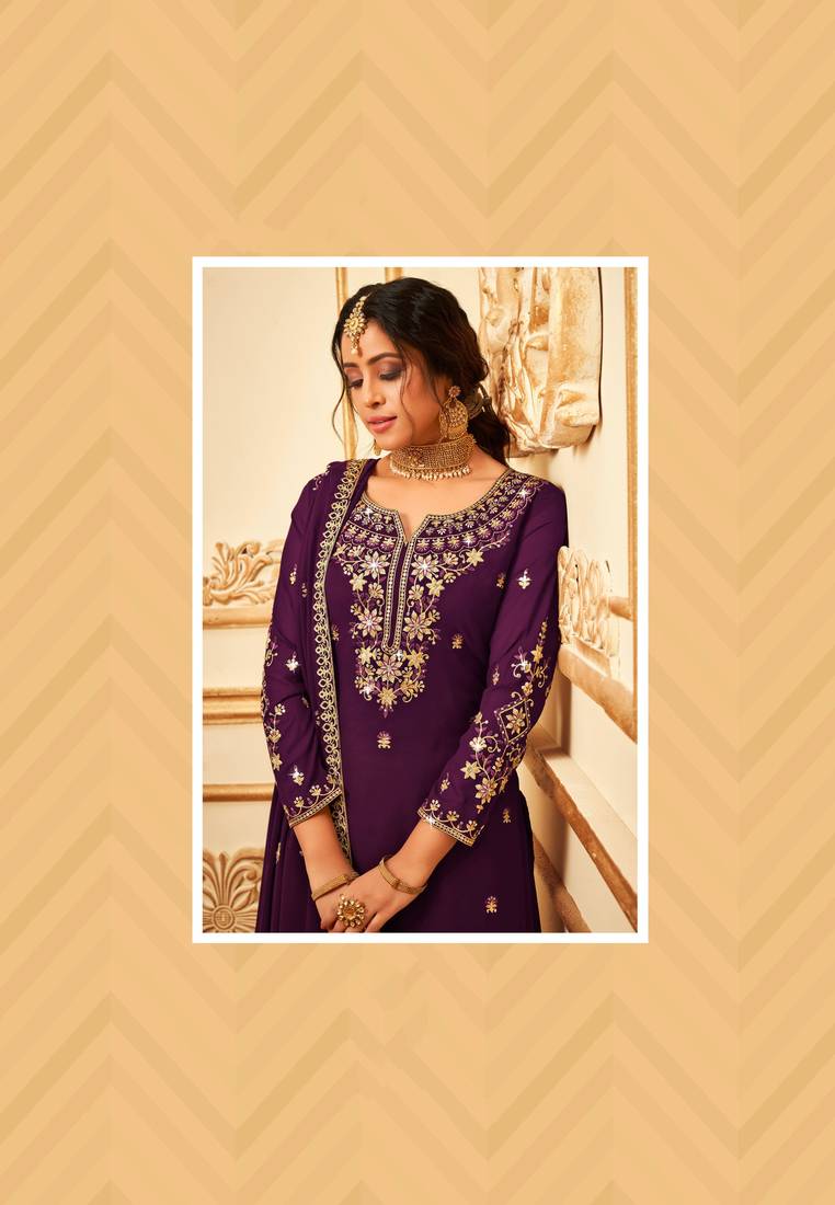 Purple Designer Jari,Sequance Embroidery Work Georgette unstitched Long ...