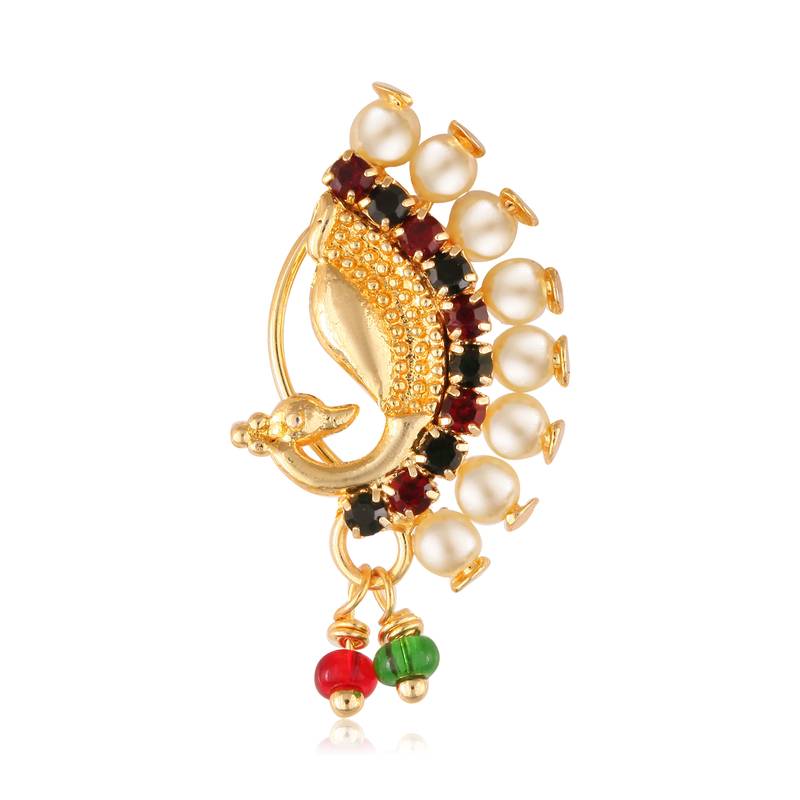 Vighnaharta Gold Plated with CZ stone Non Piercing Maharashtrian Nath Nathiya. Nose Pin for ...