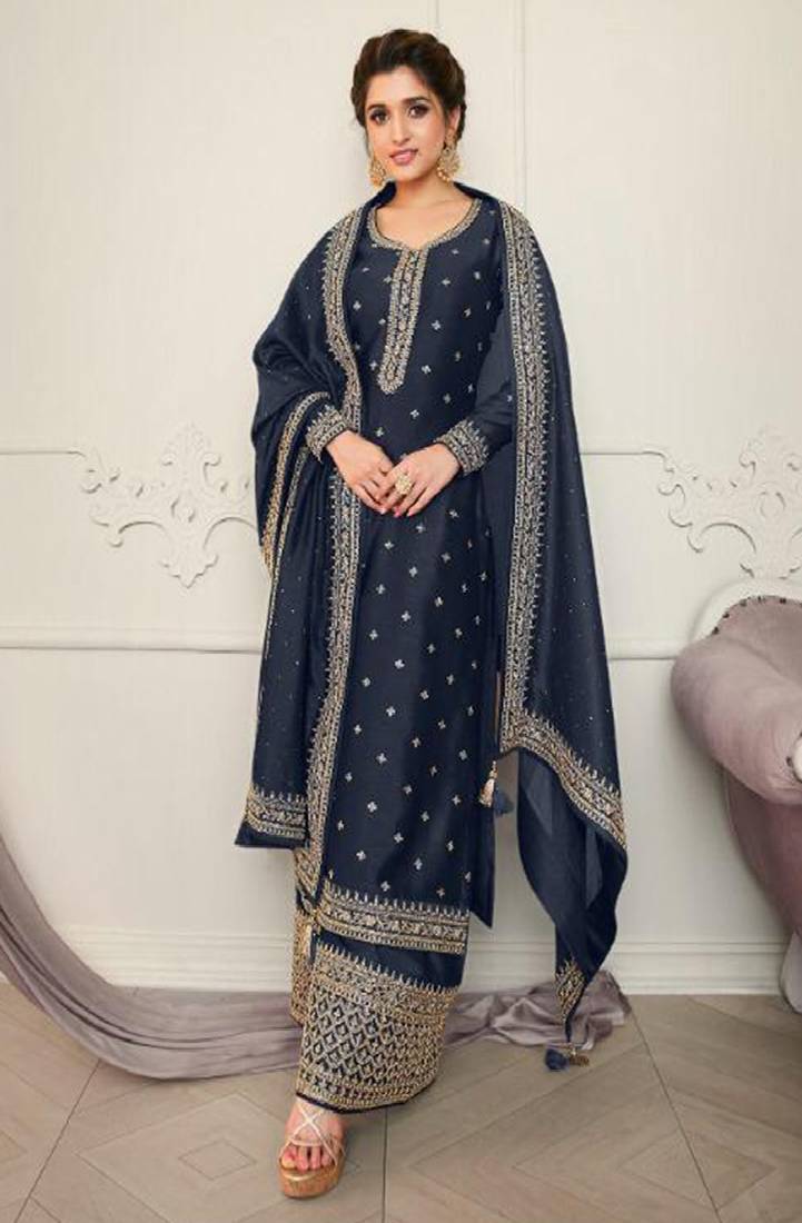 Navy Blue Color Embroidery Work Vichitra Silk Palazzo Suits - Rahithya ...