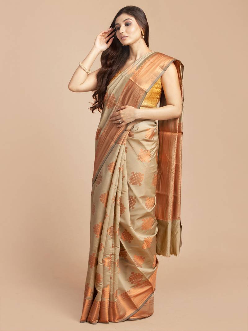 HOUSE OF BEGUM Women's Beige Organza Silk all over Copper Buti Print ...