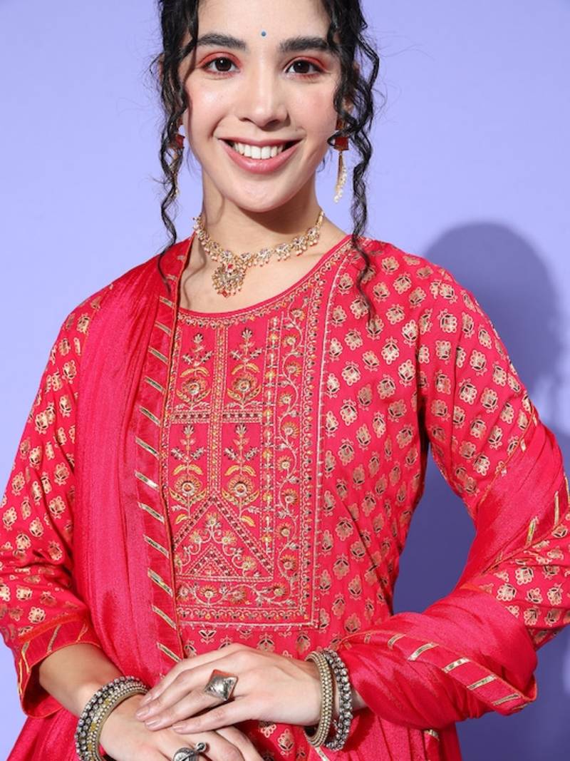 Ethnic Gold Printed Heavy Embroidered Red Kurti With Dupatta & Skirt ...