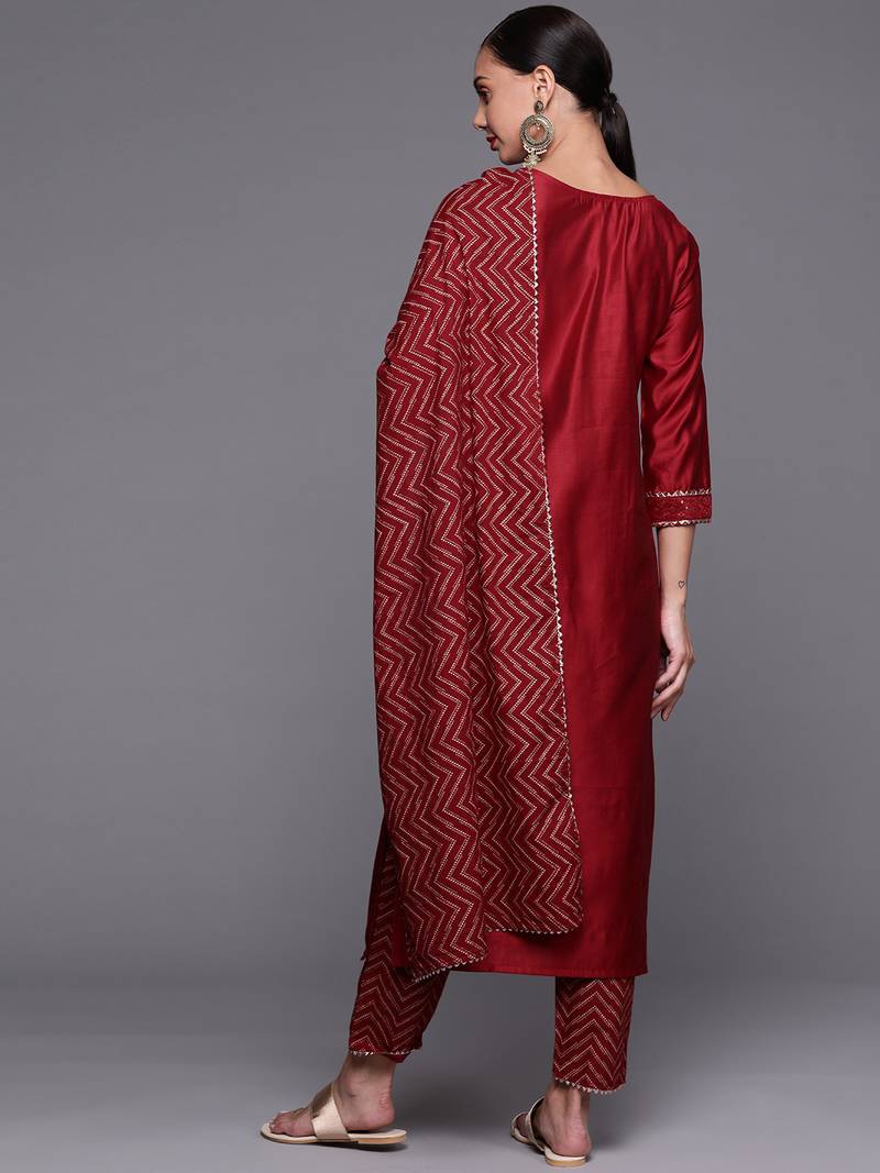 Indo Era Red Sequinned Straight Kurta Trouser With Dupatta Set - INDO ...