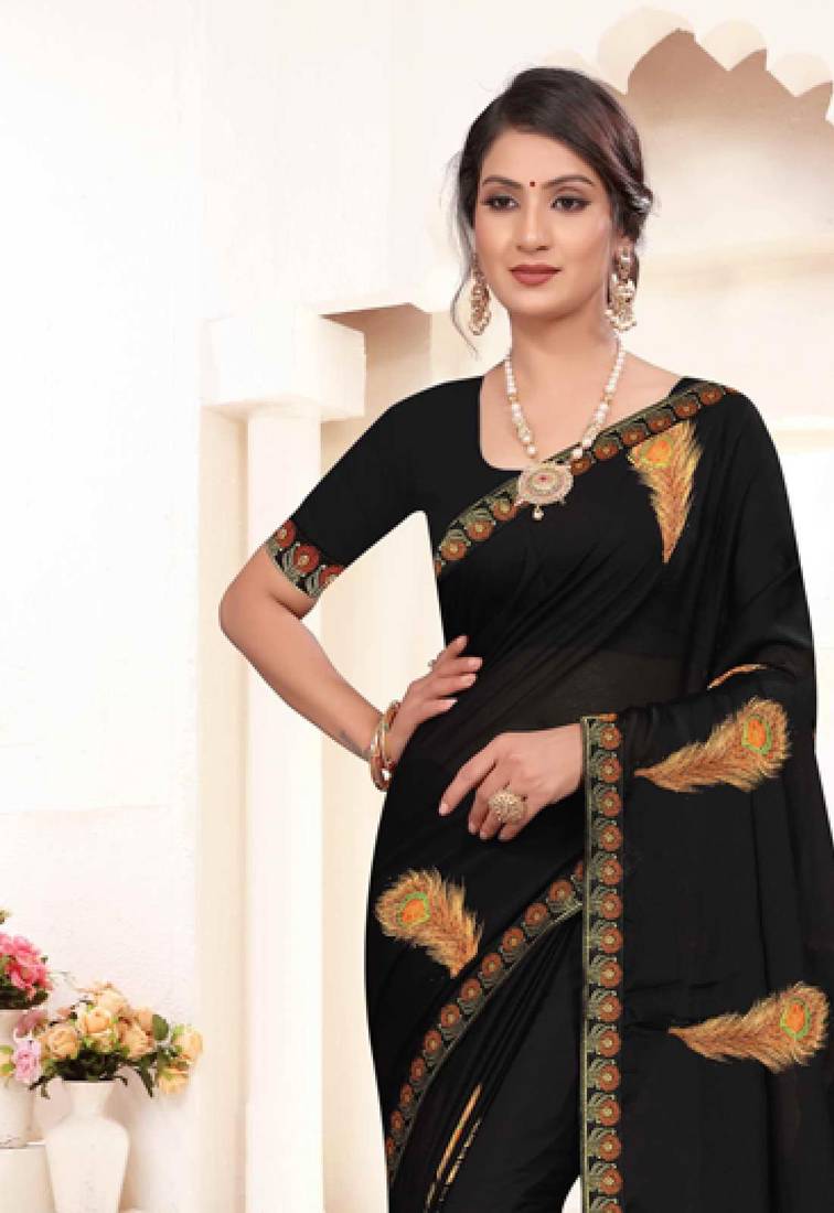 Black Printed Moss Chifon Designer Saree With Blouse Piece - RIDHAM ...