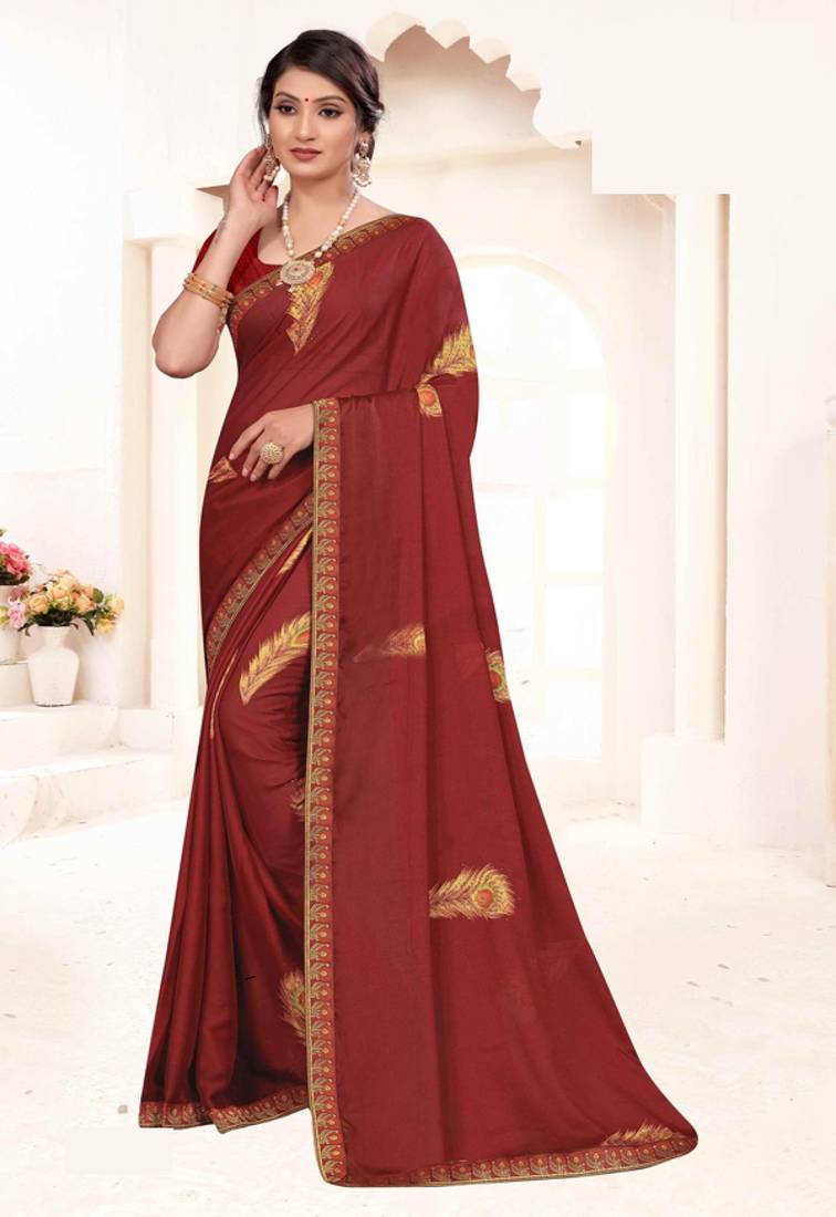 Maroon Printed Moss Chifon Designer Saree With Blouse Piece - RIDHAM ...