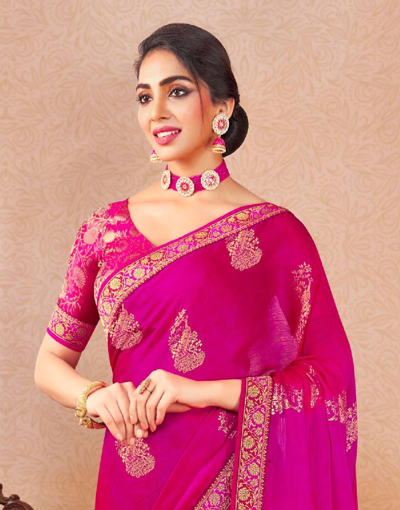 Hot Pink Printed Chiffon Fancy Pallu Saree With Blouse - Vishal Prints ...