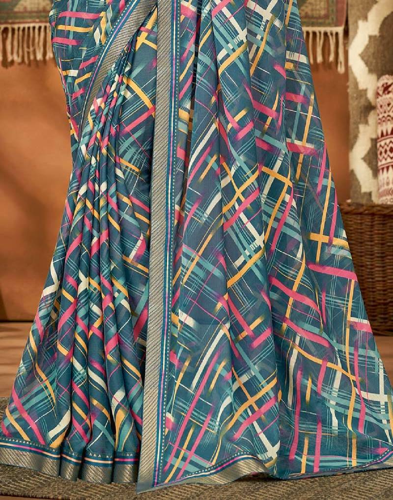 Dark Grey Printed Chiffon Fancy Pallu Saree With Blouse - Vishal Prints ...