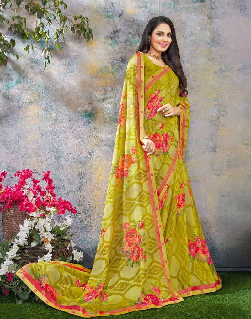Olive Printed Brasso Fancy Pallu Saree With Blouse - Vishal Prints ...