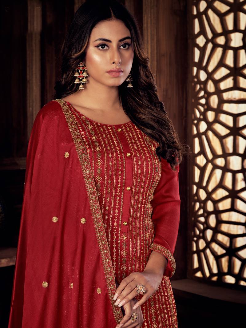 Red embroidered pure silk salwar - Stylee Lifestyle - 3951052