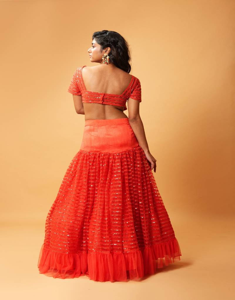 RED RUFFLE LEHENGA WITH ORGANZA DUPATTA - QUENCH A THIRST - 3951596