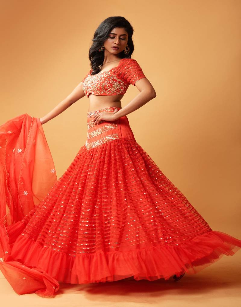 RED RUFFLE LEHENGA WITH ORGANZA DUPATTA - QUENCH A THIRST - 3951596