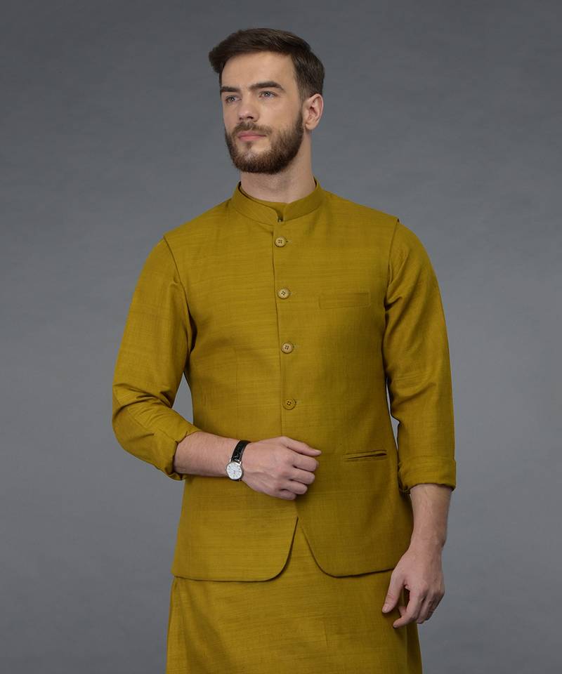 Mustard Embroidered Pure Silk Kurta And Waistcoat Jacket Set - Talking ...