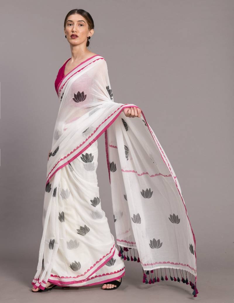 Suta White Black Floral Printed Pure Cotton Saree - Suta - 3959684