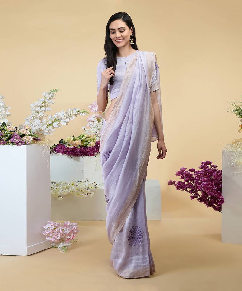 Lilac Floral Embroidered Silk Linen Saree - TALKING THREADS - 3949032