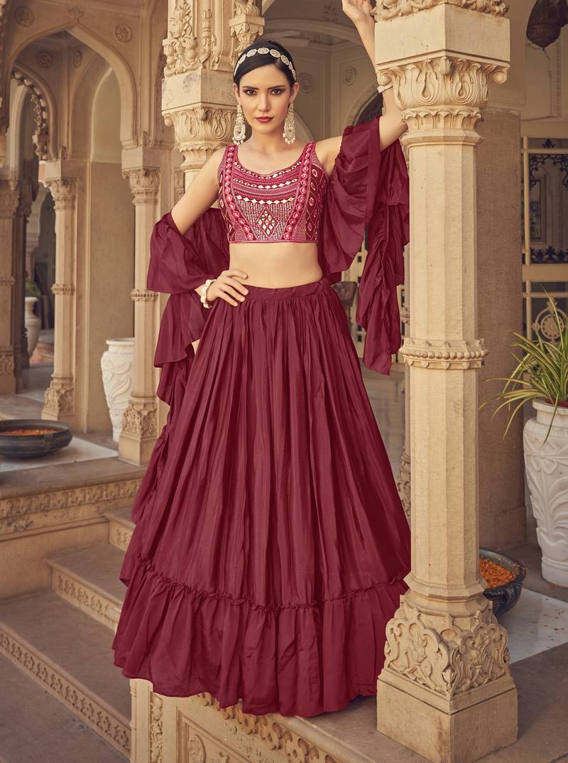 Maroon thread embroidered with mirror work chinon semi stitched lehenga ...