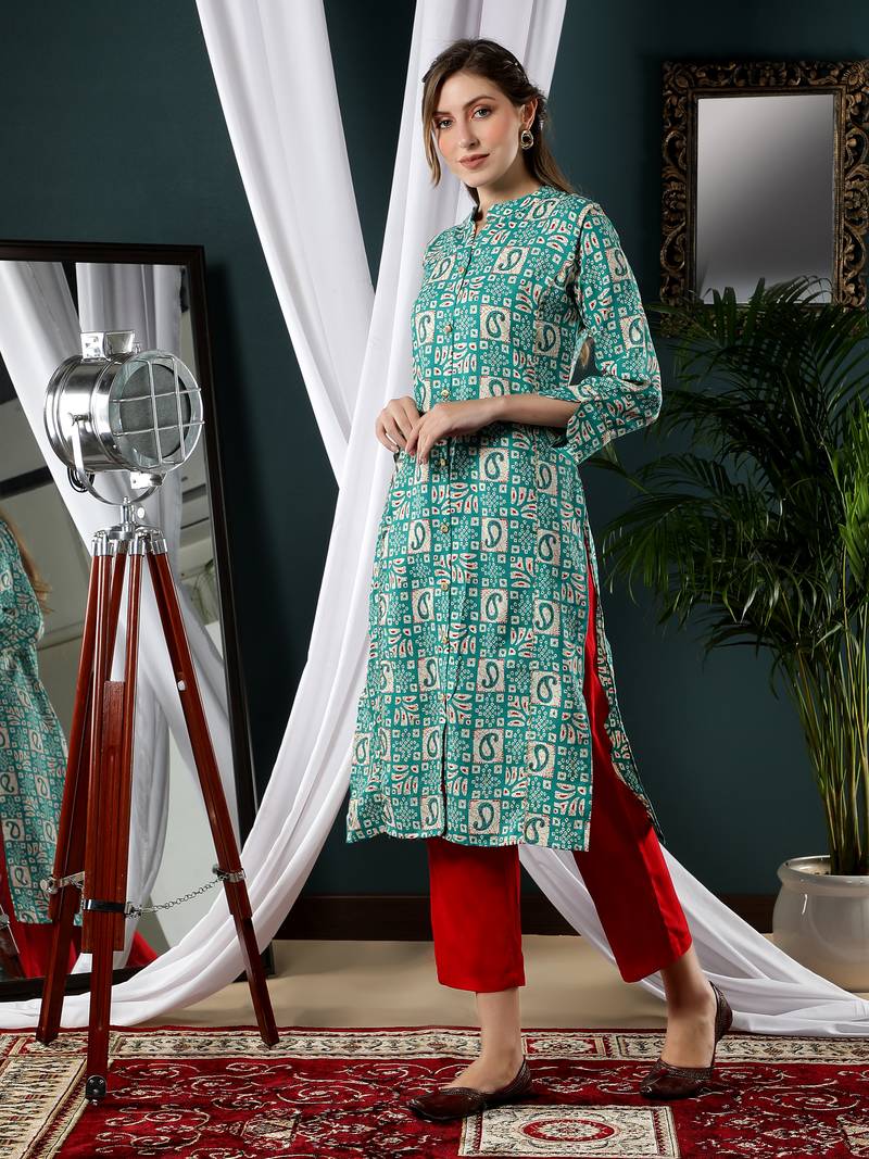 Turquoise printed cotton kurtas-and-kurtis - Fabclub - 3961828
