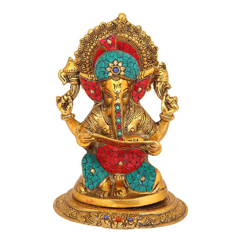Handicrafts Paradise Metal Halo Ganesha with Stone Work Figurine ...
