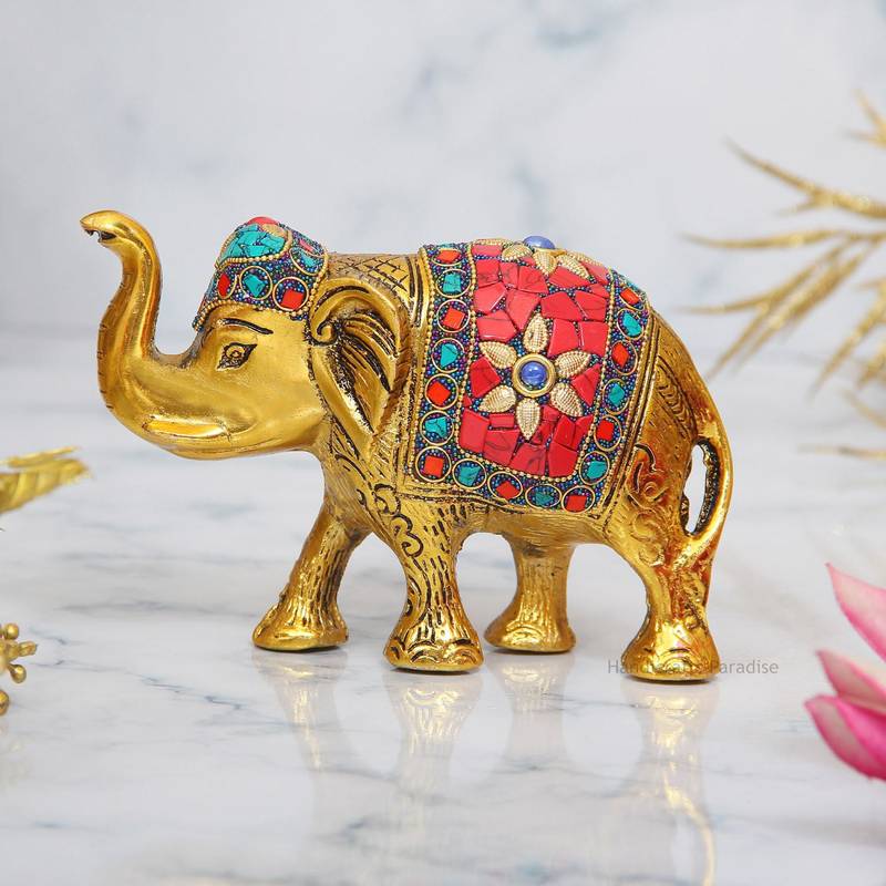 Handicrafts Paradise Metal Decorative Elephant with Stone Work Figurine ...