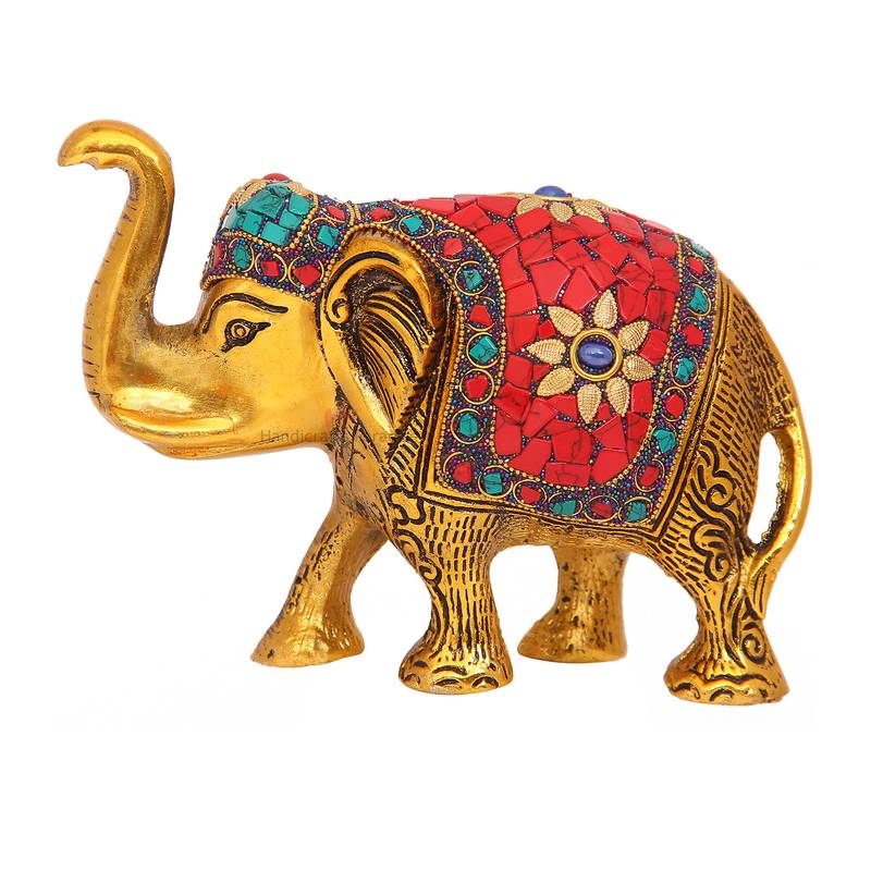 Handicrafts Paradise Metal Carving Elephant with Stone Work Figurine ...