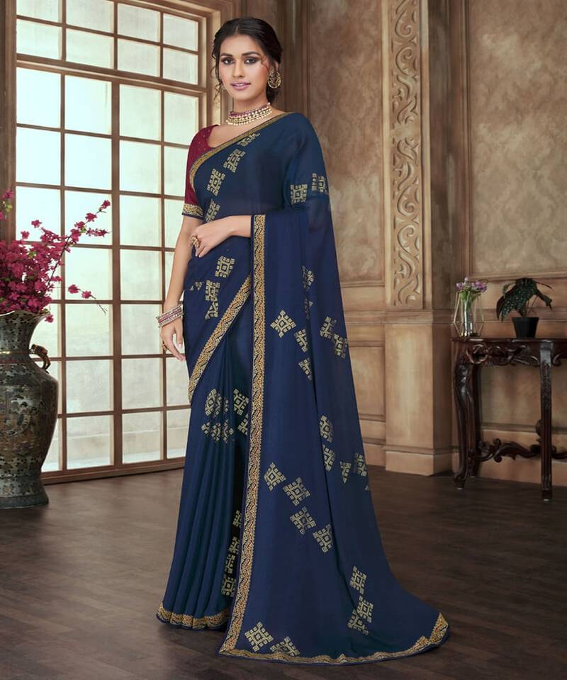 Navy Blue Printed Chiffon Fancy Pallu Saree With Blouse - Vishal Prints ...