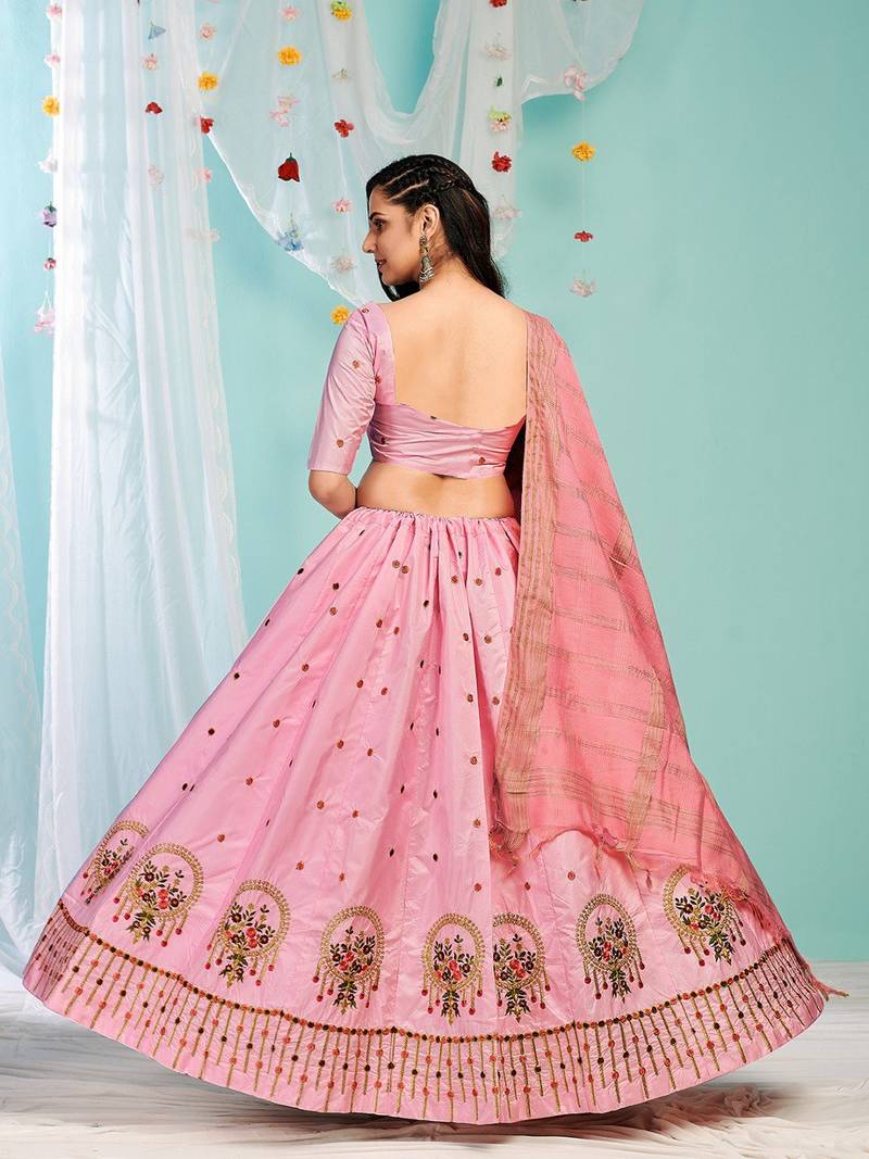 PINK THREAD AND SEQUINS EMBROIDERED NET SEMI STITCHED BRIDAL LEHENGA ...