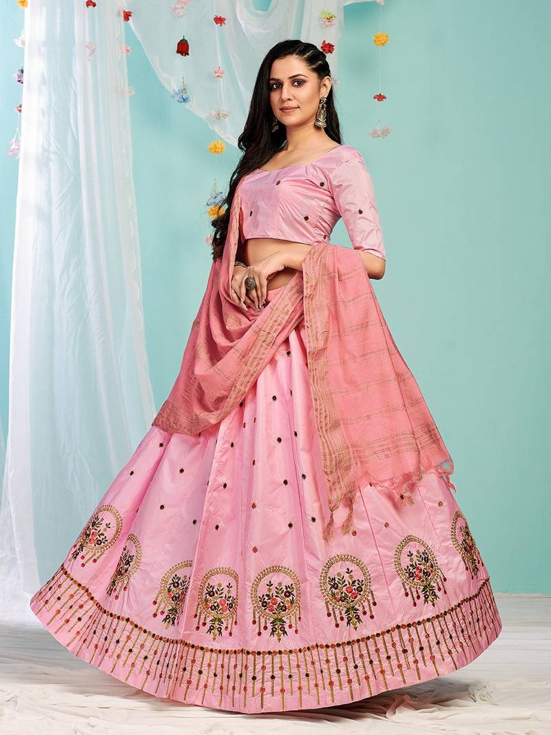 PINK THREAD AND SEQUINS EMBROIDERED NET SEMI STITCHED BRIDAL LEHENGA ...
