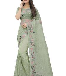 Green embroidered net saree with blouse - KAD CREATIONS - 3964752