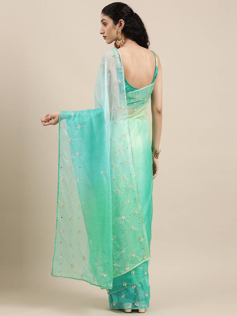 Geroo Jaipur Handcrafted Green Shaded Organza Saree - Geroo Jaipur ...