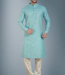 Turquoise printed cotton silk kurta-pajama - SHILPA CREATION - 3966577