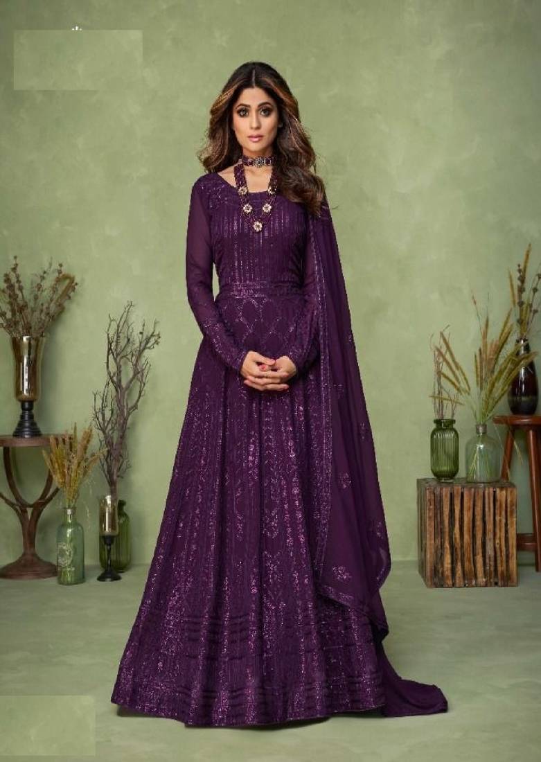 Purple embroidery georget semi stitch anarkali gowns - Aarshi Fashions ...