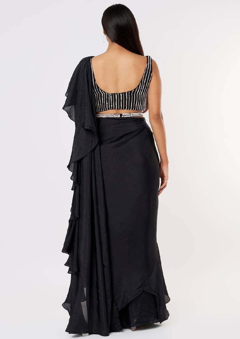 Black ruffle saree with belt - MASUMI MEWAWALLA - 3967135