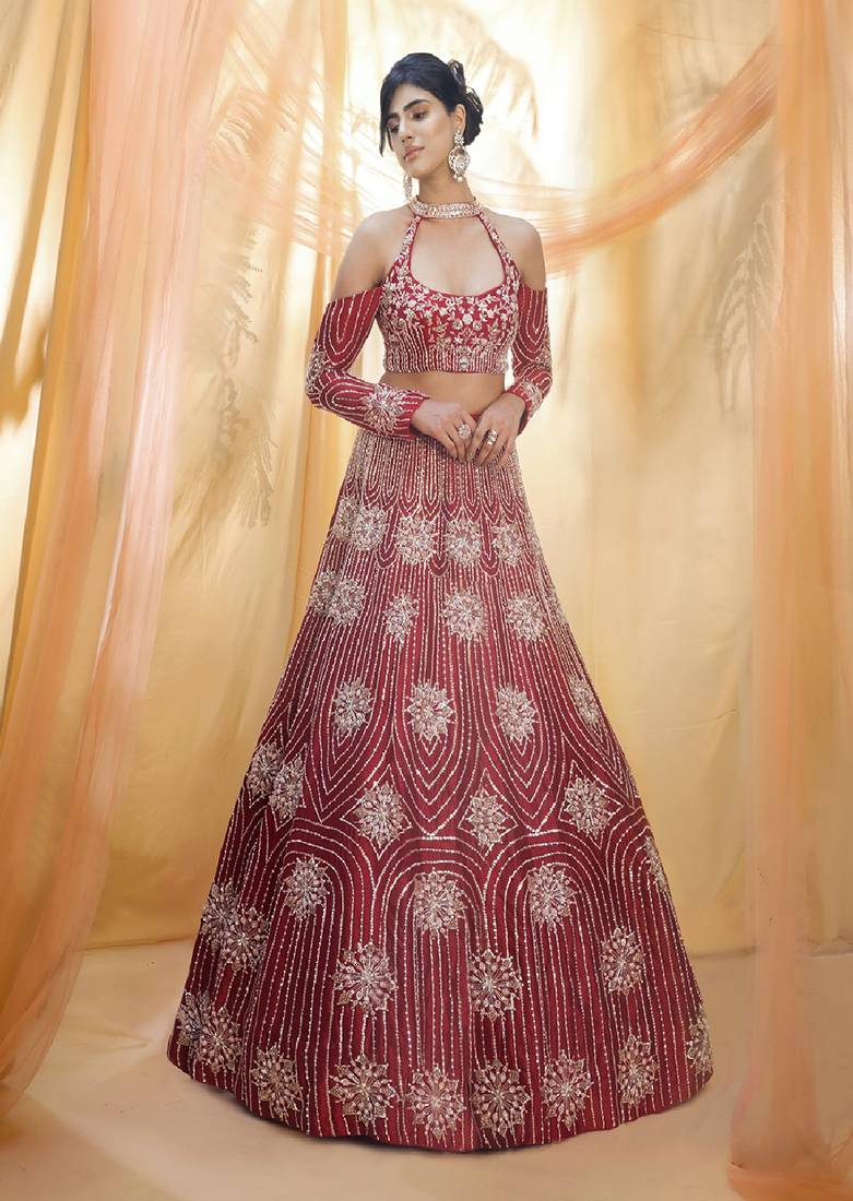 Heavy red lehenga with halter blouse - MASUMI MEWAWALLA - 3967229