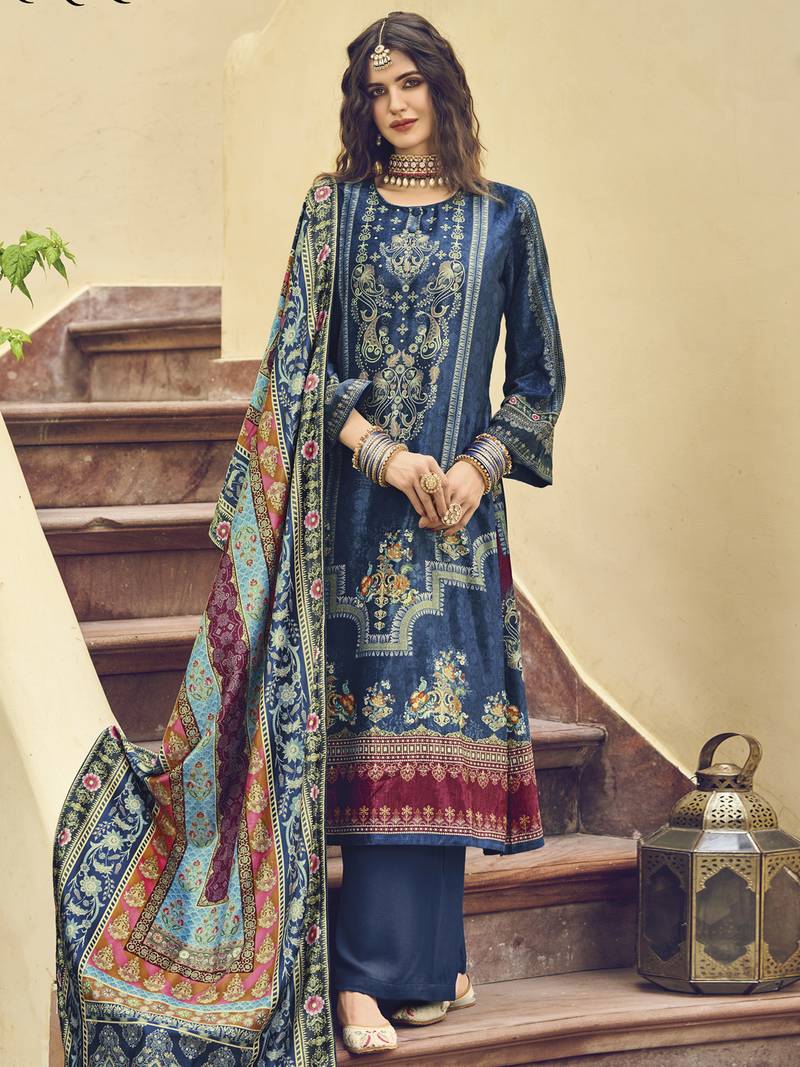 Navy blue digital print velvet salwar - Stylee Lifestyle - 3967381