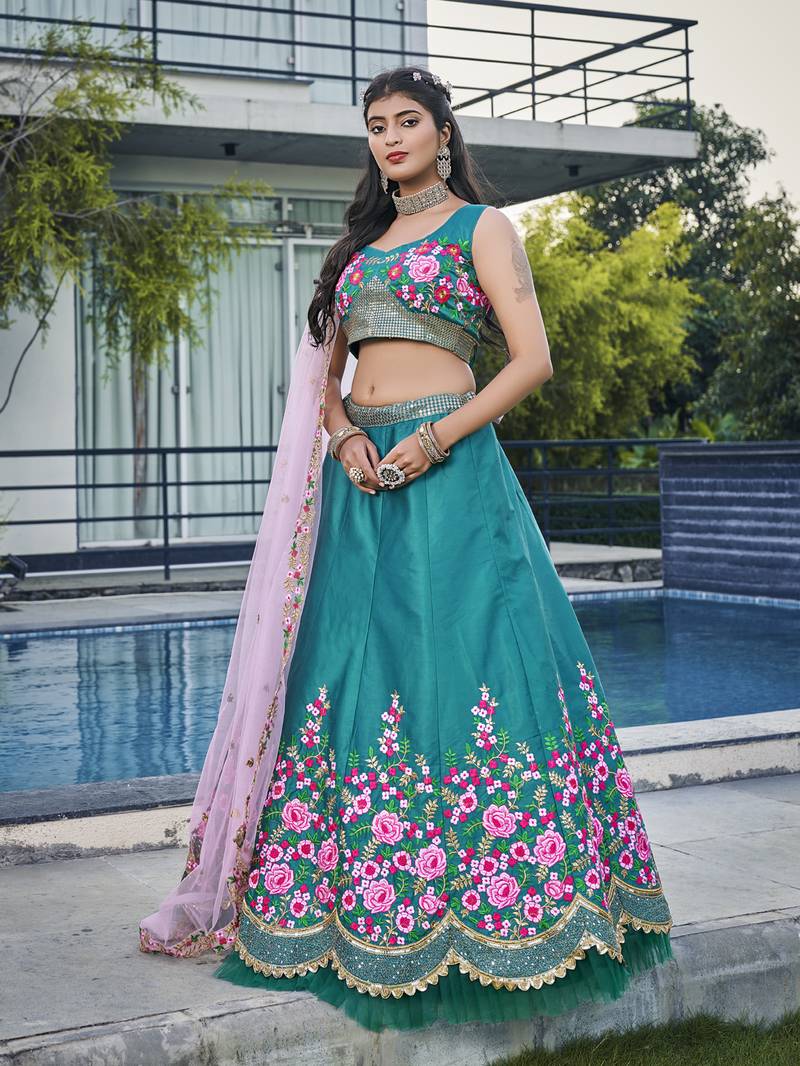 Rama Blue & Pink Floral Embroidered Silk Party Wear Lehenga Choli ...
